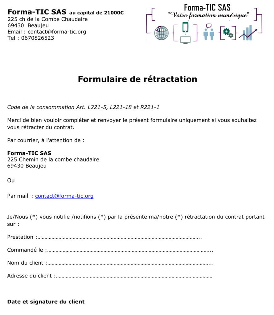 Formulaire de rétractation — Forma-TIC